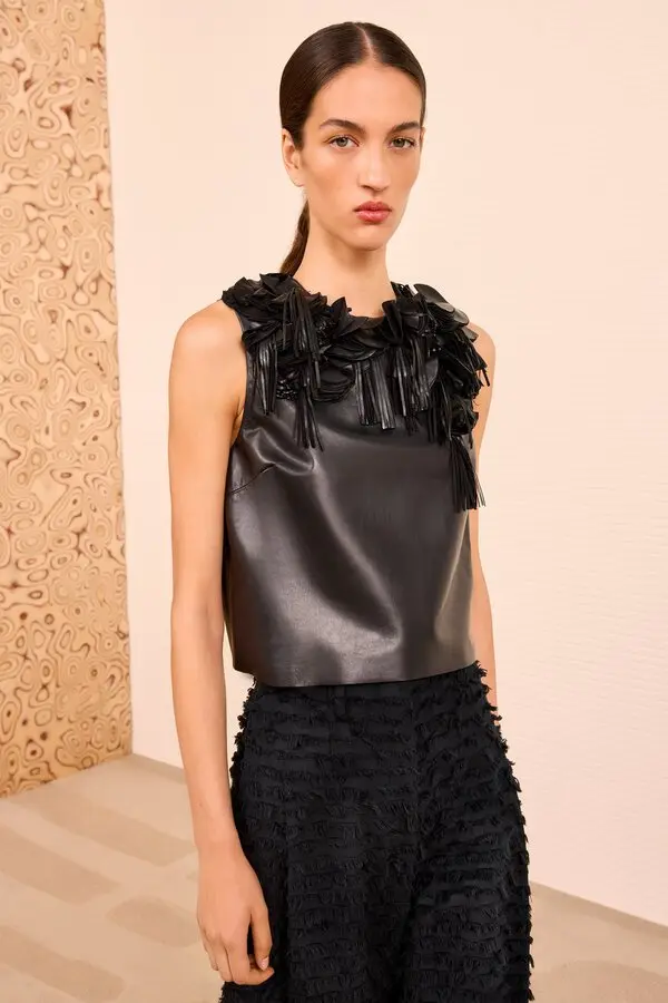 Ulla Johnson Marlowe Floral Applique Leather Top - Noir