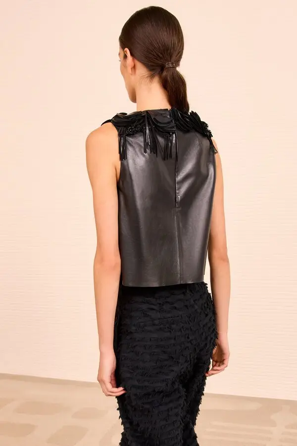 Ulla Johnson Marlowe Floral Applique Leather Top - Noir