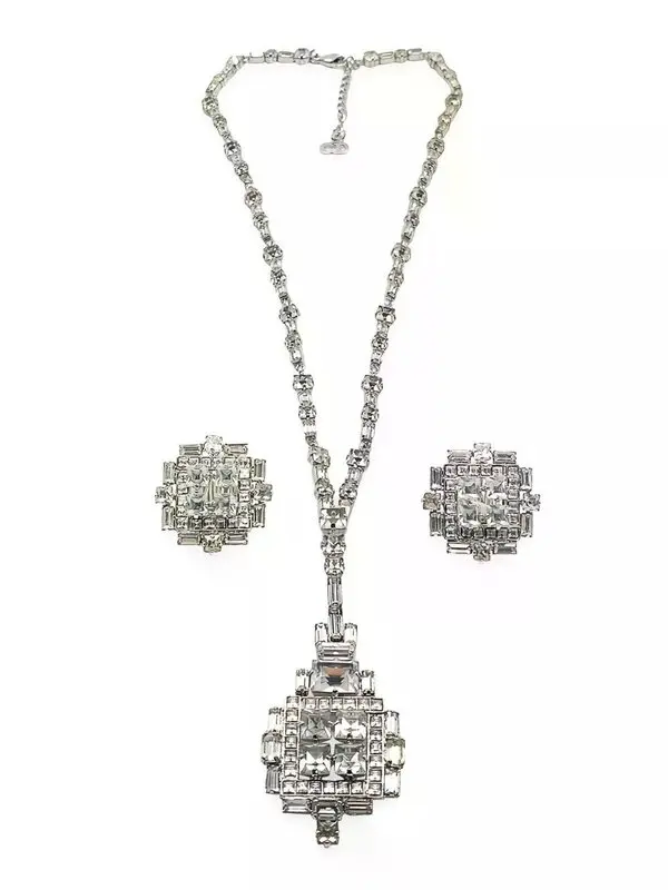 Dior 1970s Art Deco Pendant Necklace & Earrings - Silver
