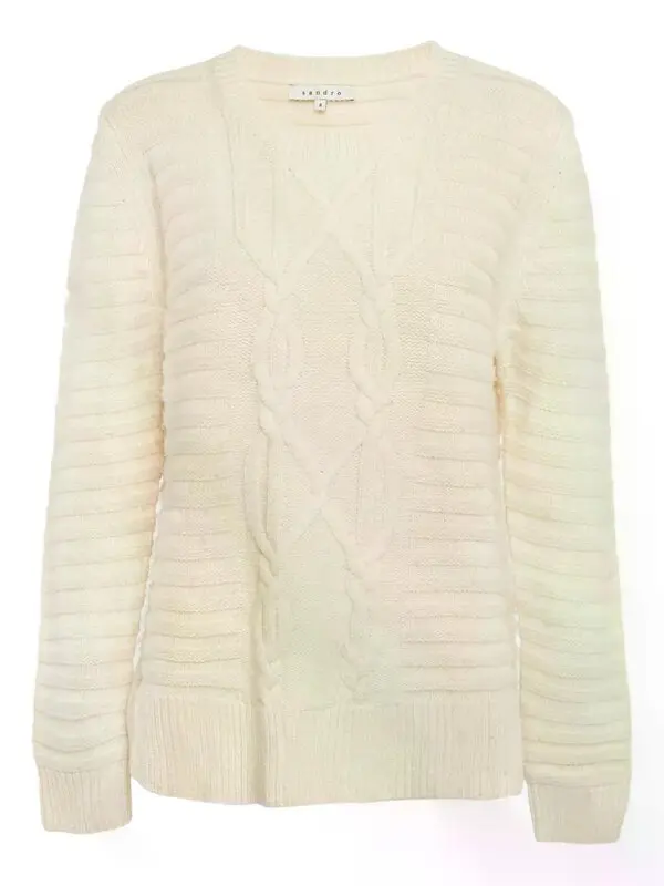 Sandro Merino Wool Cable Knit Crew Neck Long Sleeve Sweater
