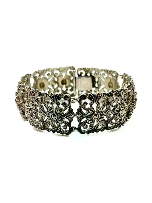 JENNIFER GIBSON JEWELLERY 1920s Floral Marcasite Bracelet - Silver