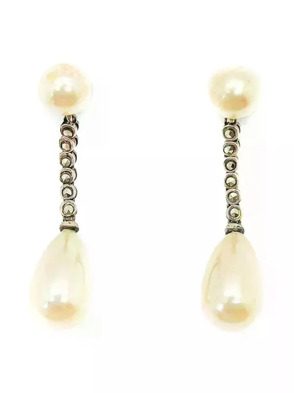 JENNIFER GIBSON JEWELLERY 1930s Pearl Marcasite Earrings - Silver