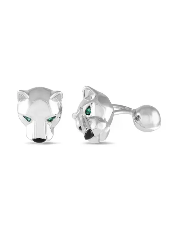Cartier 18k White Gold Panther Emerald And Onyx Cufflinks - Silver