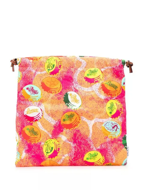 Loewe 2022 Paula's Ibiza Canvas Bottle Cap Print Drawstring Pouch - Orange