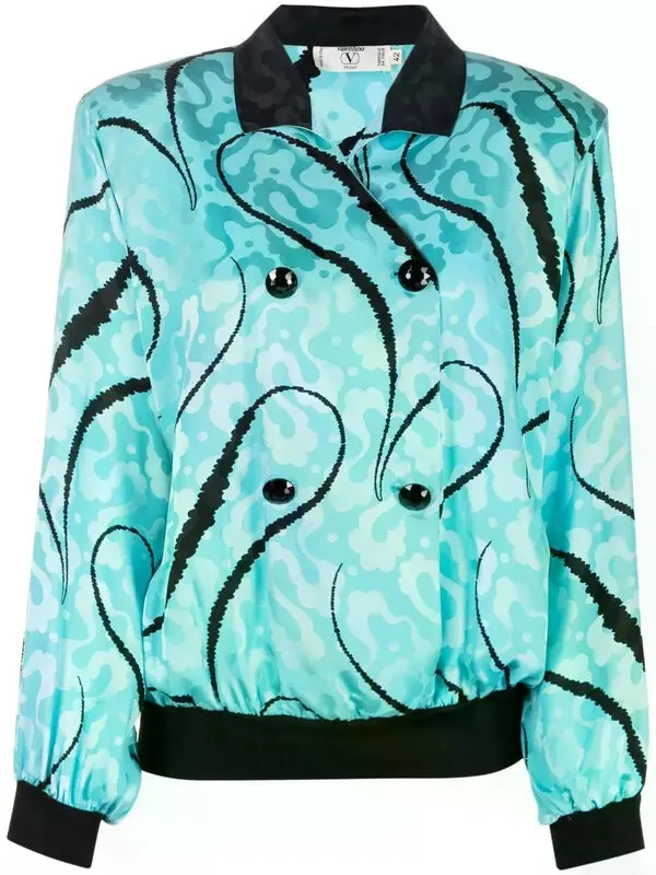 Valentino Garavani 1980s Patterned Jacquard Silk Blouse - Blue