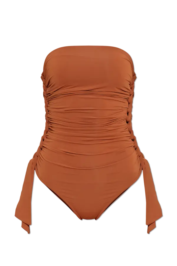 Zimmermann Ruched Bandeau One-piece Swimsuit With Braided Side Ties - Brown