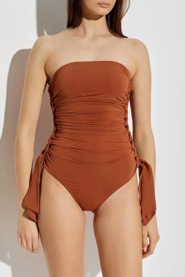 Zimmermann Ruched Bandeau One-piece Swimsuit With Braided Side Ties