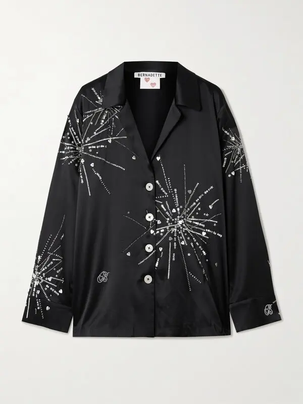 Bernadette Louis Sequin-embellished Silk-blend Satin Pajama Shirt - Black