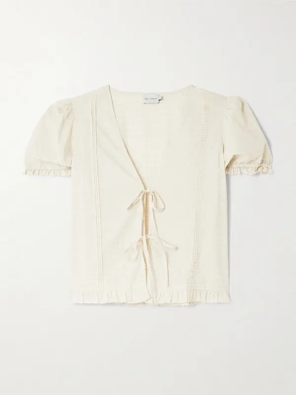 DEIJI STUDIOS Pintuck Tie-detailed Checked Cotton-poplin Blouse - Neutrals