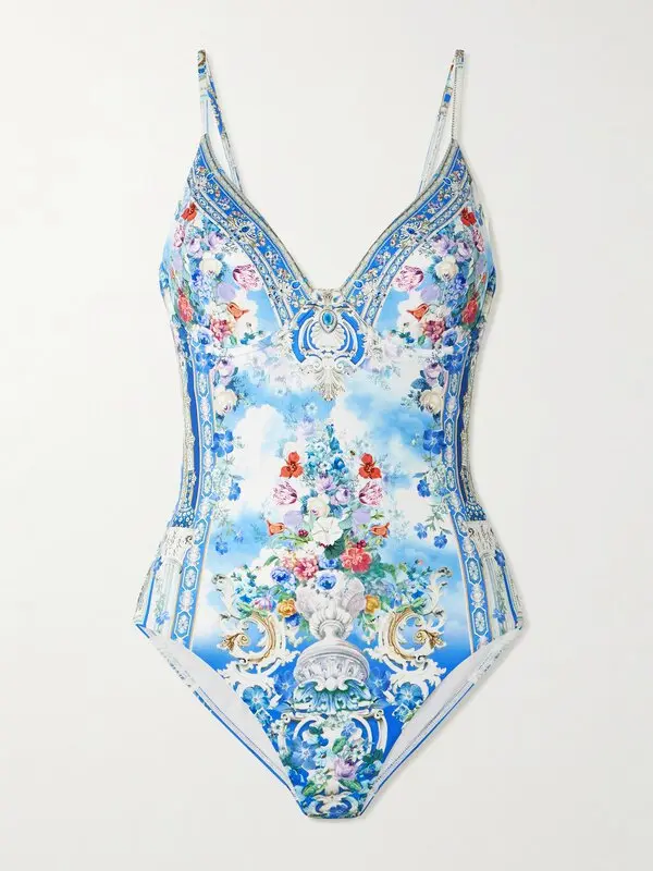 Camilla Crystal-embellished Printed Recycled Stretch Swimsuit - Multi
