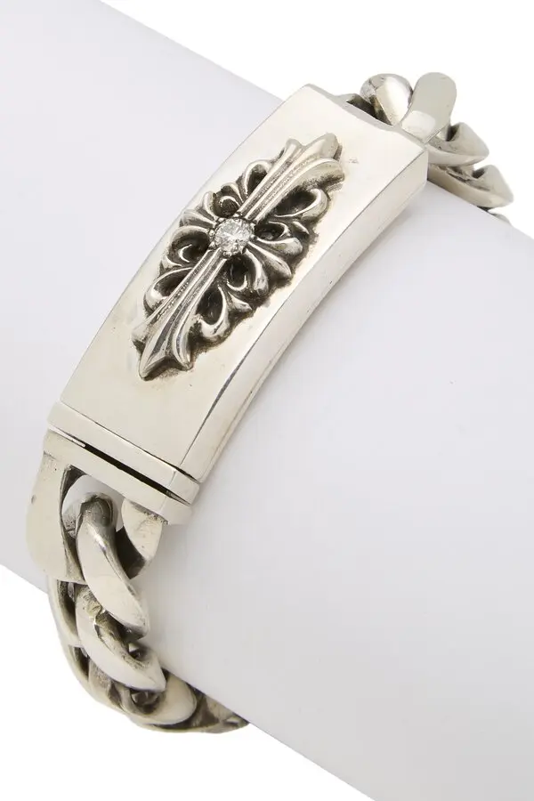 Chrome Hearts Sterling Diamond Floral Cross Id Bracelet - Silver