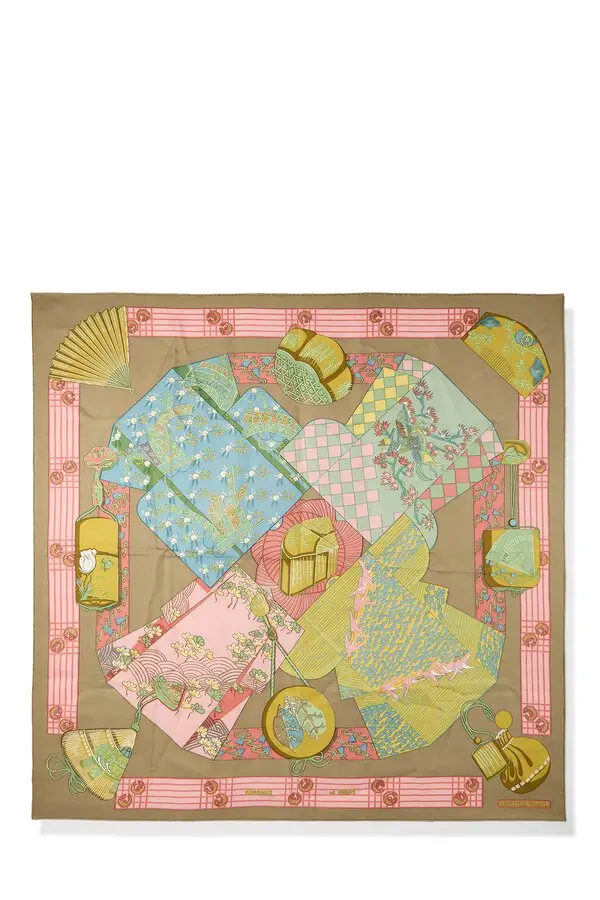 Hermès Multicolor 'kimonos Et Inros' Silk Scarf 90 - Beige
