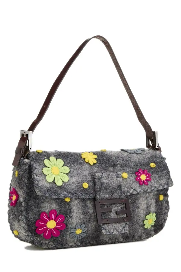 Fendi Felt Floral Appliqué Baguette - Grey