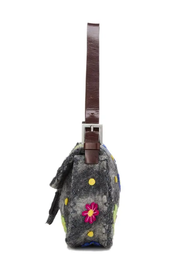 Fendi Felt Floral Appliqué Baguette - Grey