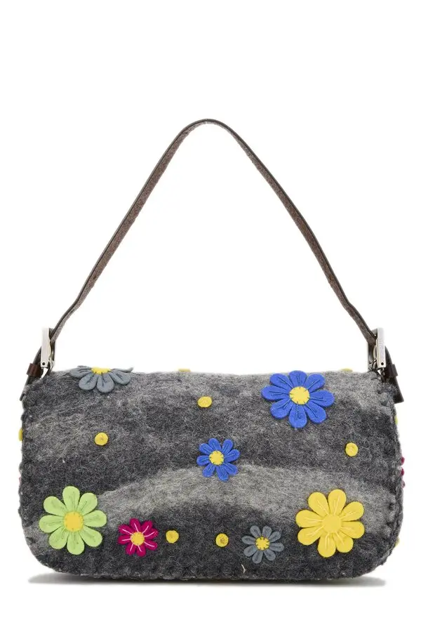 Fendi Felt Floral Appliqué Baguette - Grey