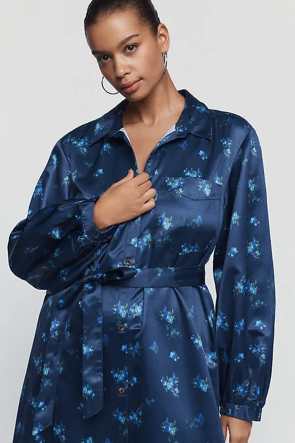 Maeve Mona Silken Maxi Shirtdress - Blue Pattern