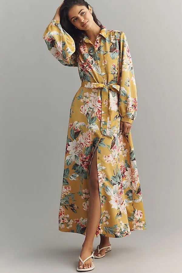 Maeve The Mona Silky Maxi Shirt Dress - Yellow Pattern
