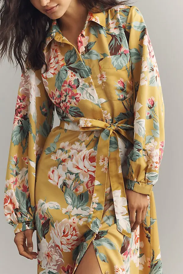 Maeve Mona Silken Maxi Shirtdress - Yellow Pattern