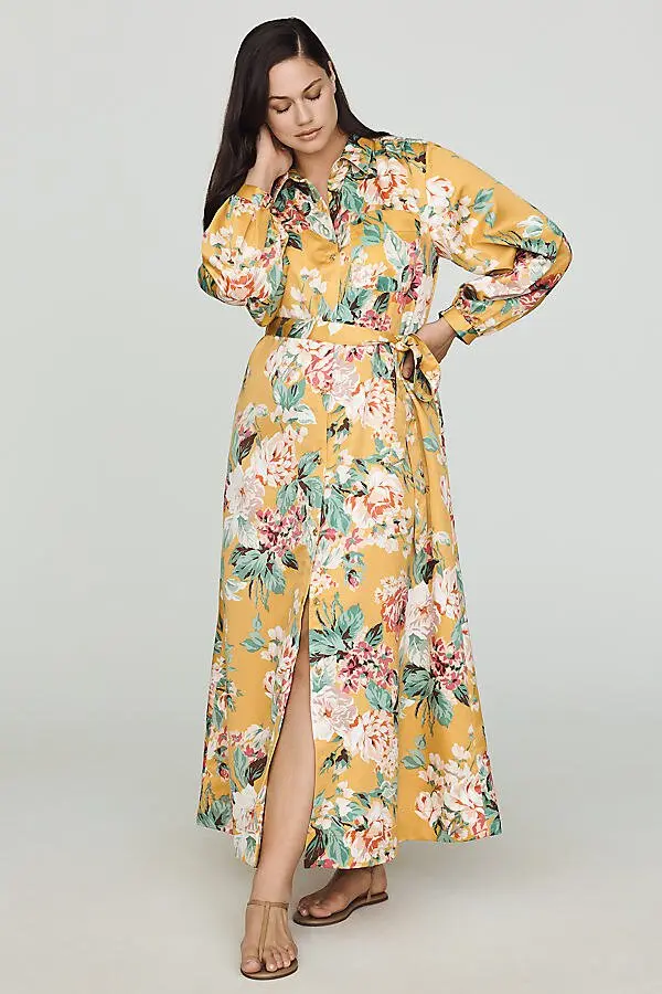 Maeve Mona Silken Maxi Shirtdress - Yellow Pattern
