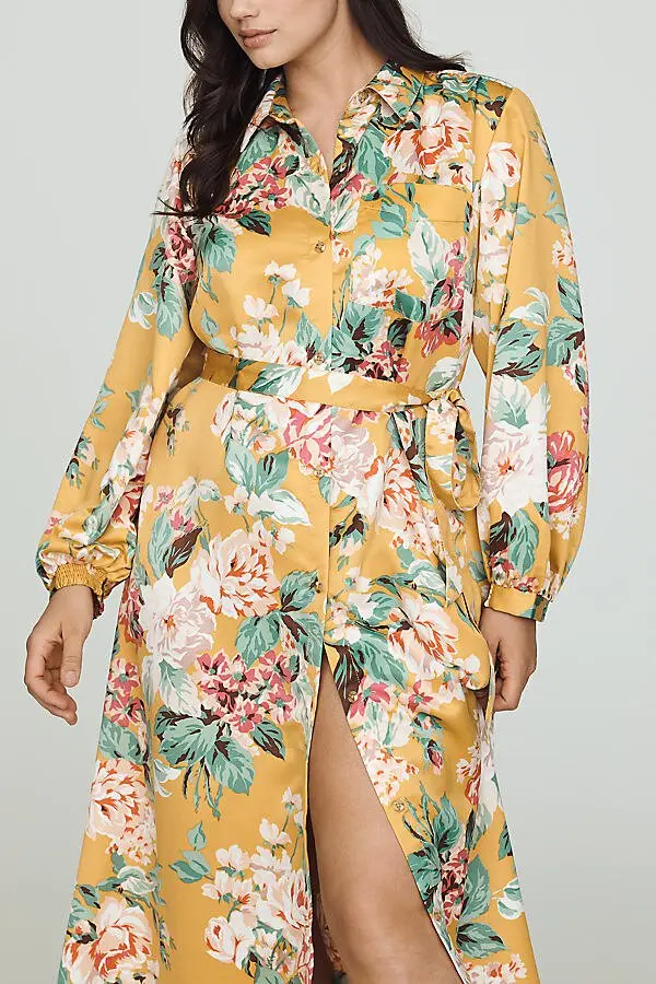 Maeve Mona Silken Maxi Shirtdress - Yellow Pattern