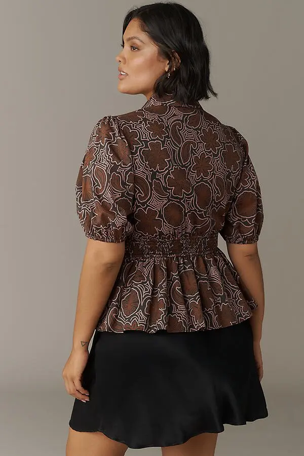 HUTCH Fowler Puff-sleeve Peplum Top - Brown Pattern