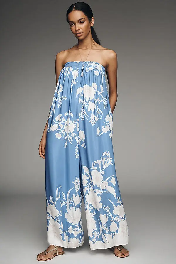 Maeve Printed Fluid Wide-leg Jumpsuit - Blue Pattern