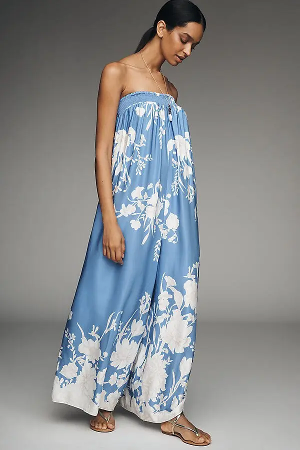Maeve Printed Fluid Wide-leg Jumpsuit - Blue Pattern