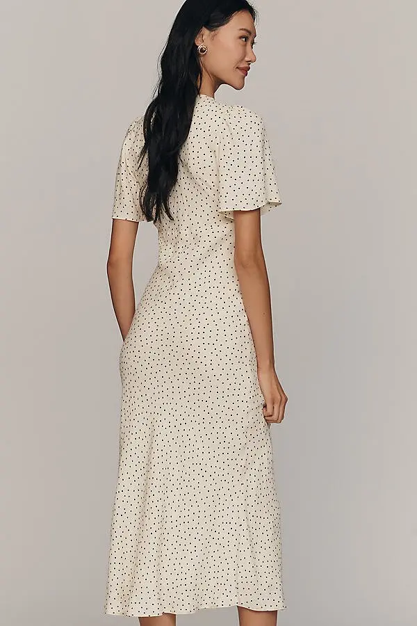 Reformation Tyra Short-Sleeve V-Neck Midi Dress - Ivory Dot | Editorialist