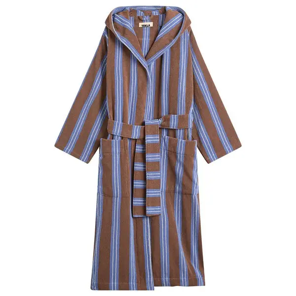 TEKLA Terry Hooded Bathrobe - Chestnut Stripes