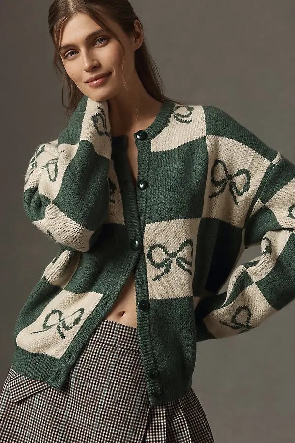 LISA SAYS GAH Bow Check Cardigan Sweater - Emerald Bow Check