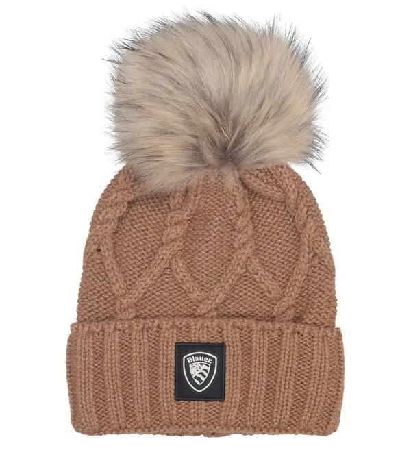 BLAUER. Braided Wool And Cashmere Beanie With Fur Pom-pom - Marrone Chiaro