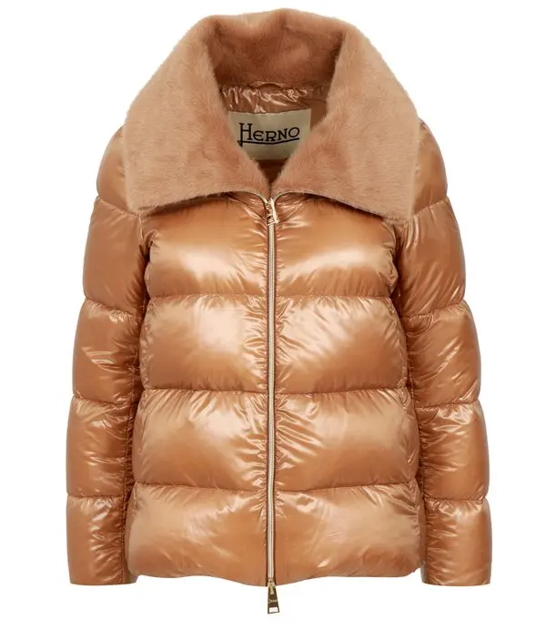 Herno Quilted Down Coat With Faux Fur Collar - Camel
