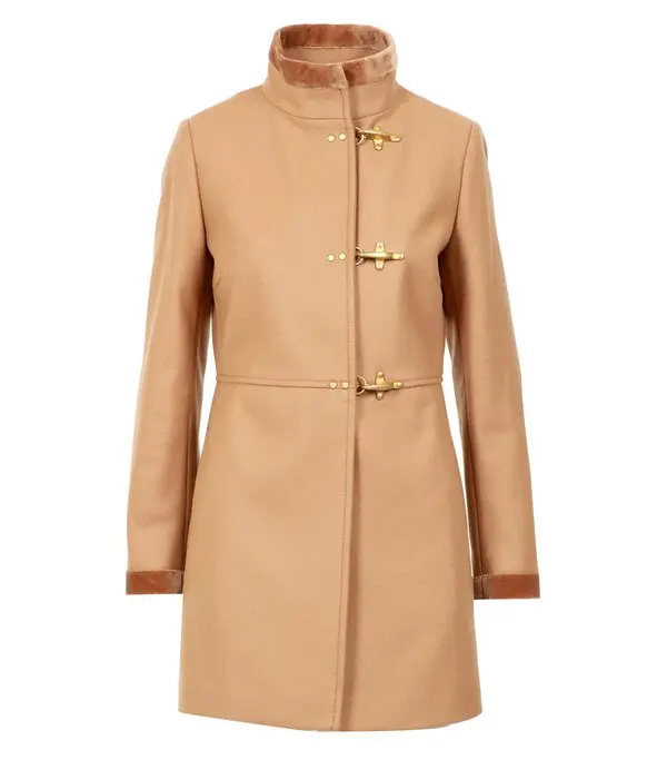 FAY Virgin Wool Blend Coat With Velvet Piping - Camel