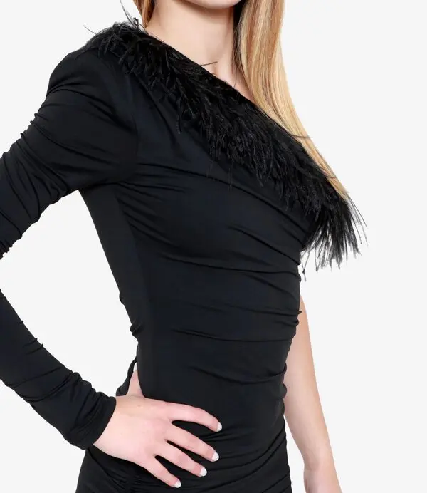 ANIYE BY Asymmetrical Single-sleeve Feathered Dress