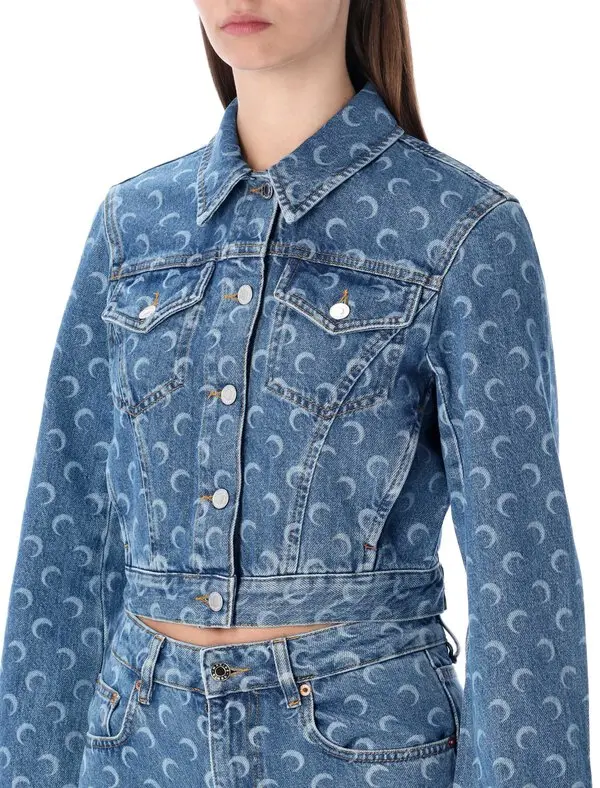 MARINE SERRE Cropped Denim Jacket With Laser Moon Motif - Blue
