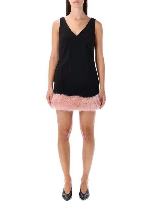 SELF-PORTRAIT Crepe Mini Dress With Faux Fur Trim - Black