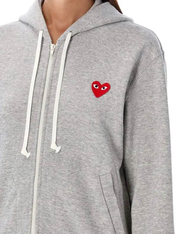 Play Comme Des Garcon Cotton Zipped Hoodie With Red Heart Patch - Grey