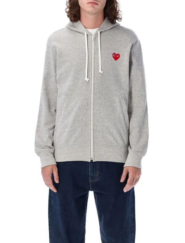 Play Comme Des Garcon Cotton Zipped Hoodie With Red Heart Patch - Grey