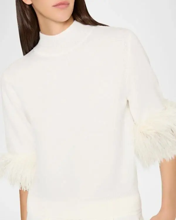 MILLY Mock-neck Feather Cuff Sweater