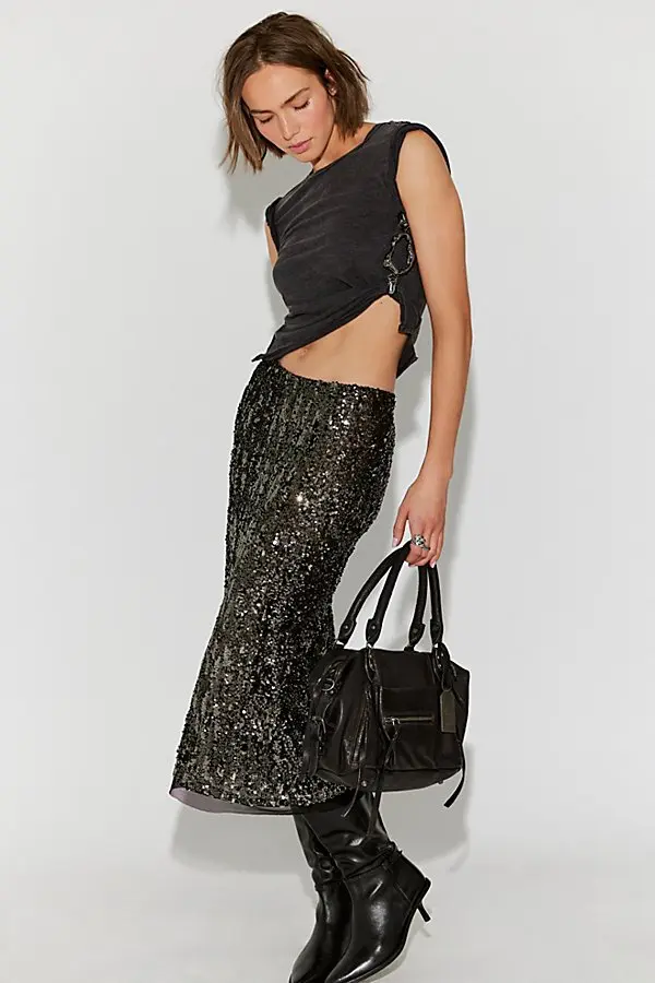 Free People Sequin Embellished Half Slip - Gunmetal
