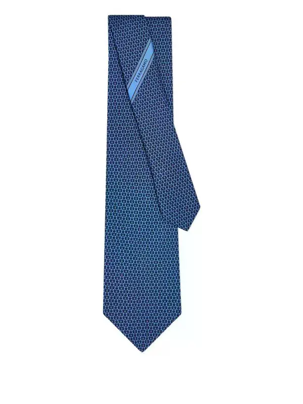 FERRAGAMO Gancini Pattern Silk Neck Tie - Blue