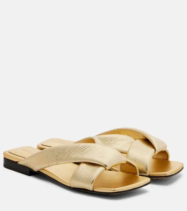 Bottega Veneta Riva Metallic Leather Mules - Gold