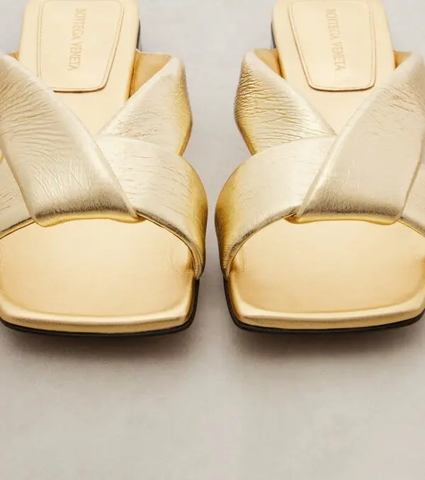 Bottega Veneta Riva Metallic Leather Mules - Gold