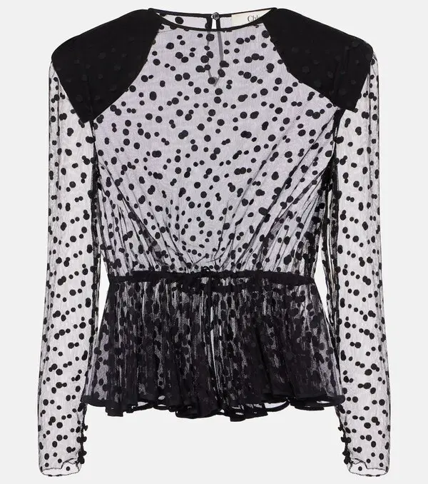 Chloé Polka-dot Peplum Cotton-blend Tulle Top