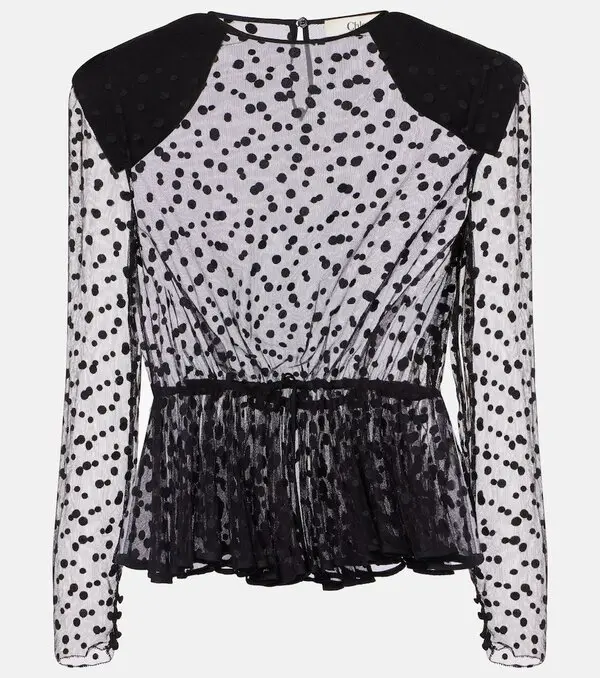 Chloé Polka-dot Peplum Cotton-blend Tulle Top - Black