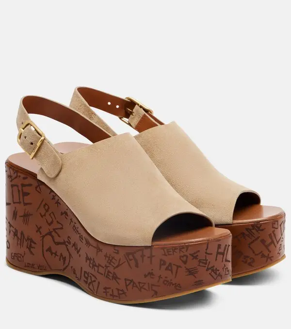 Chloé Maxime 80 Suede Wedge Sandals - Beige
