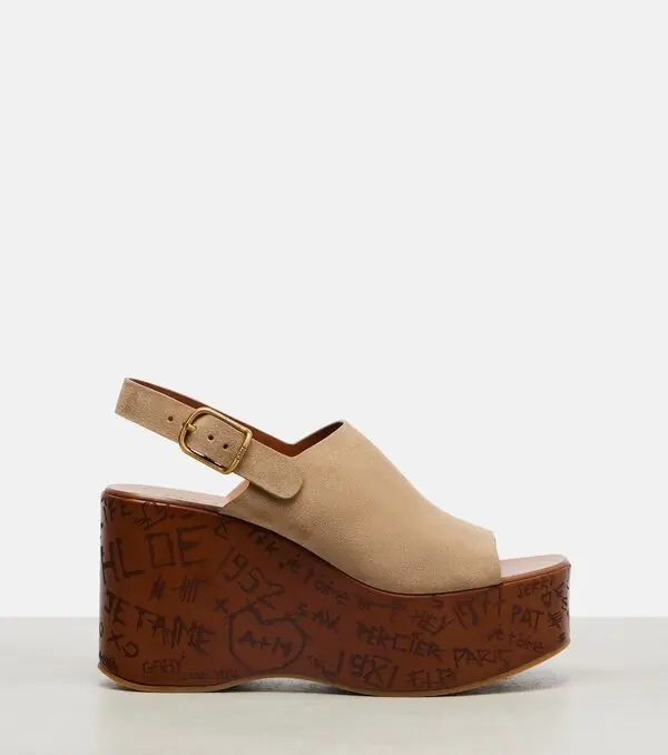 Chloé Maxime 80 Suede Wedge Sandals - Beige