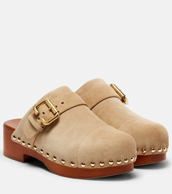 Chloé Jeannette 40 Embellished Suede Clogs - Beige