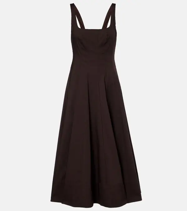 Staud Pleated Cotton Midi Dress - Brown