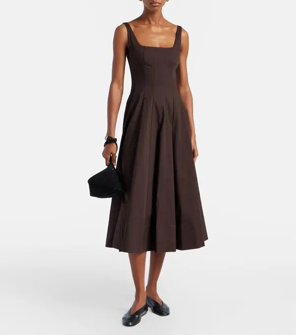 Staud Pleated Cotton Midi Dress - Brown